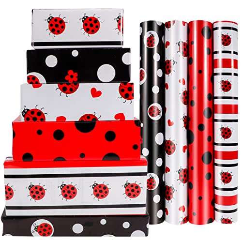 Konsait Ladybug Wrapping Paper Large Sheet Flat Gift Wrapping Paper For Men Women Boys and Girls Wrapping Paper Birthday 4 Different Designs 27.6 x 20.5 Inch - 12 sheets
