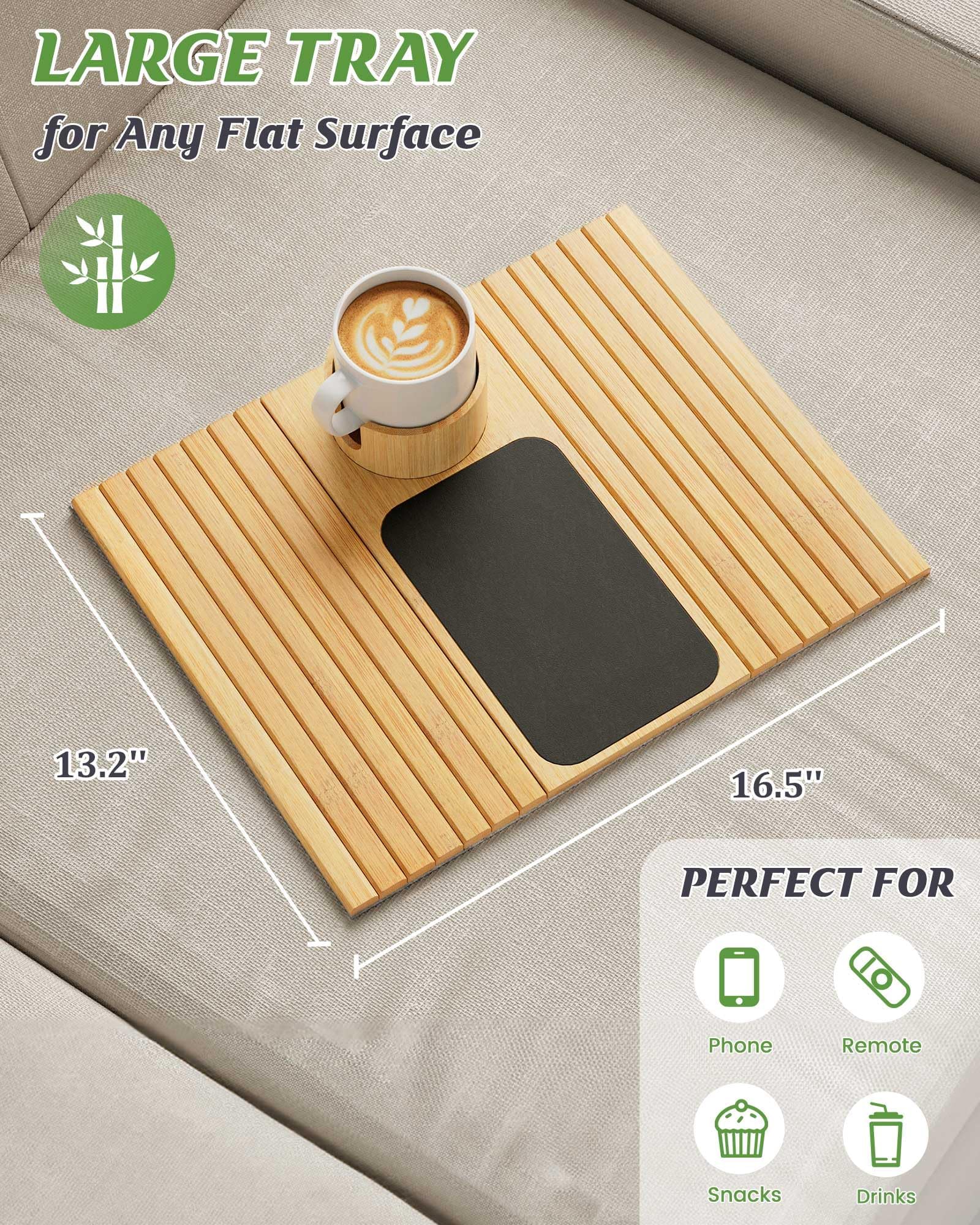 BS-VOG Couch Cup Holder, Bamboo Couch Arm Tray with 360° Rotating Drink Holder, Foldable Anti-slip Couch Arm Table, Sofa Armrest Tray Clip on Wide Couches for Eating, Snacks, Remote, No Installation