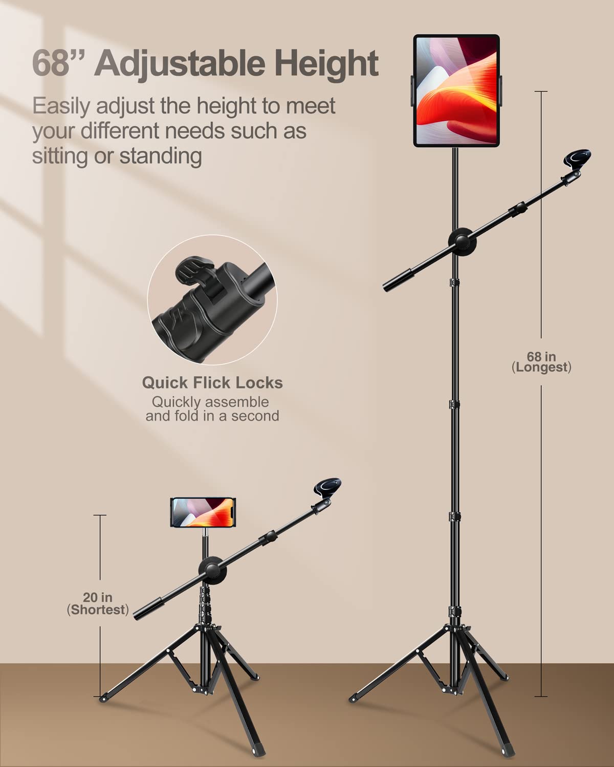 elitehood Floor Tablet Stand & Boom Mic Stand, 68in Height Adjustable iPad Holder Stand, Portable Tripod Microphone Stand for Singing, Compatible with iPad Pro Air Mini and 4-12.9ββ Phones & Tablets