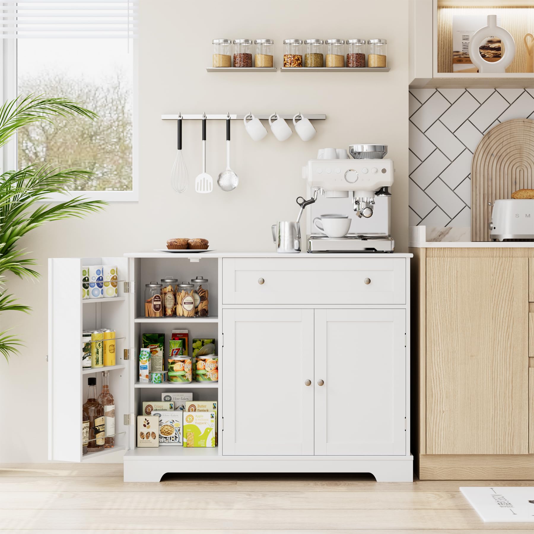 HOSTACK Buffet Cabinet with Storage, Modern Sideboard Buffet with Doors, Wood Coffee Bar Kitchen Storage Cabinet with Drawer and Adjustable Shelf for Kitchen, Dining Room, Living Room, White