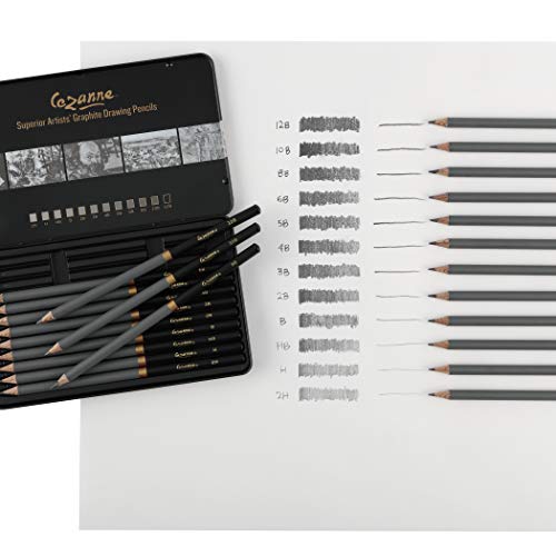 Cezanne Graphite Artist Drawing Pencil Set of 12 Professional Quality for Sketching & Shading, Break Resistant Pre-sharpened Leads, Triple Coated Matte Finished Wood-cased Barrel, Travel Storage Tin