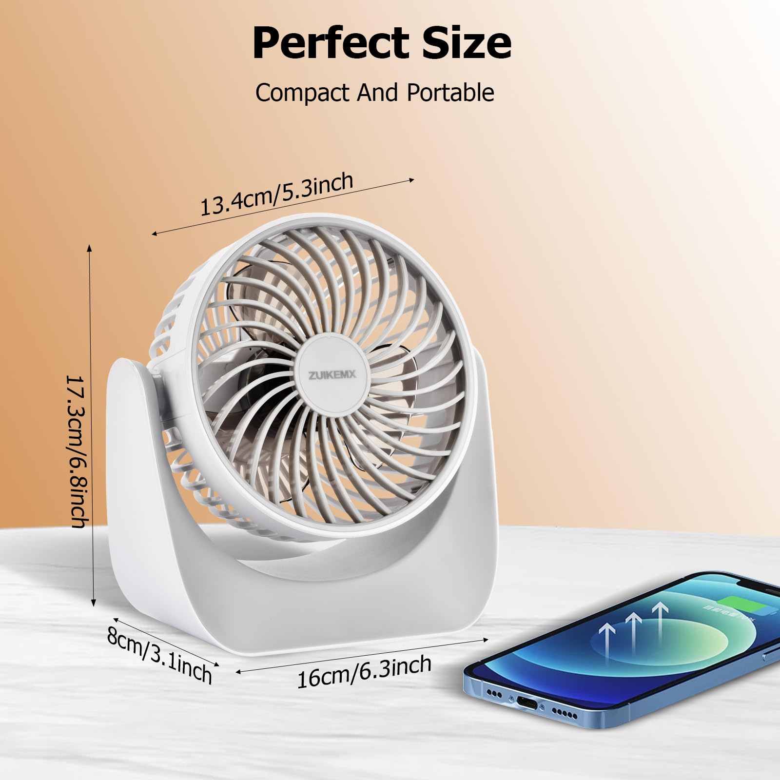 Desk Fan with Strong Airflow, 6.8 Inch Quiet Small Portable Table Fan, Brushless motor, 3 Speed Settings, 360° Adjustable Tilt Head, Rechargeable, Battery Powered Fan for Home or Office, Travel