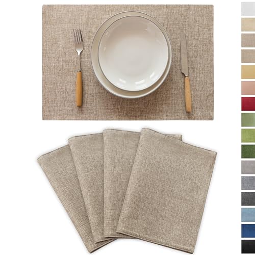 Demetex Linen Placemats Set of 4 Heat Resistant Wipeable Cloth Table Place Mats for Dining Table Indoor Restaurants, 13 x 19 inches, Linen