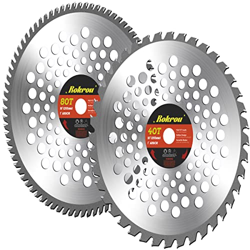 Rokrou 2 Pack Weed Eater Blades Brush Cutter Blades 10" 80T &10" 40T, Grass Cutter Trimmer with Washer 25.4mm/1" to 20mm/0.78"
