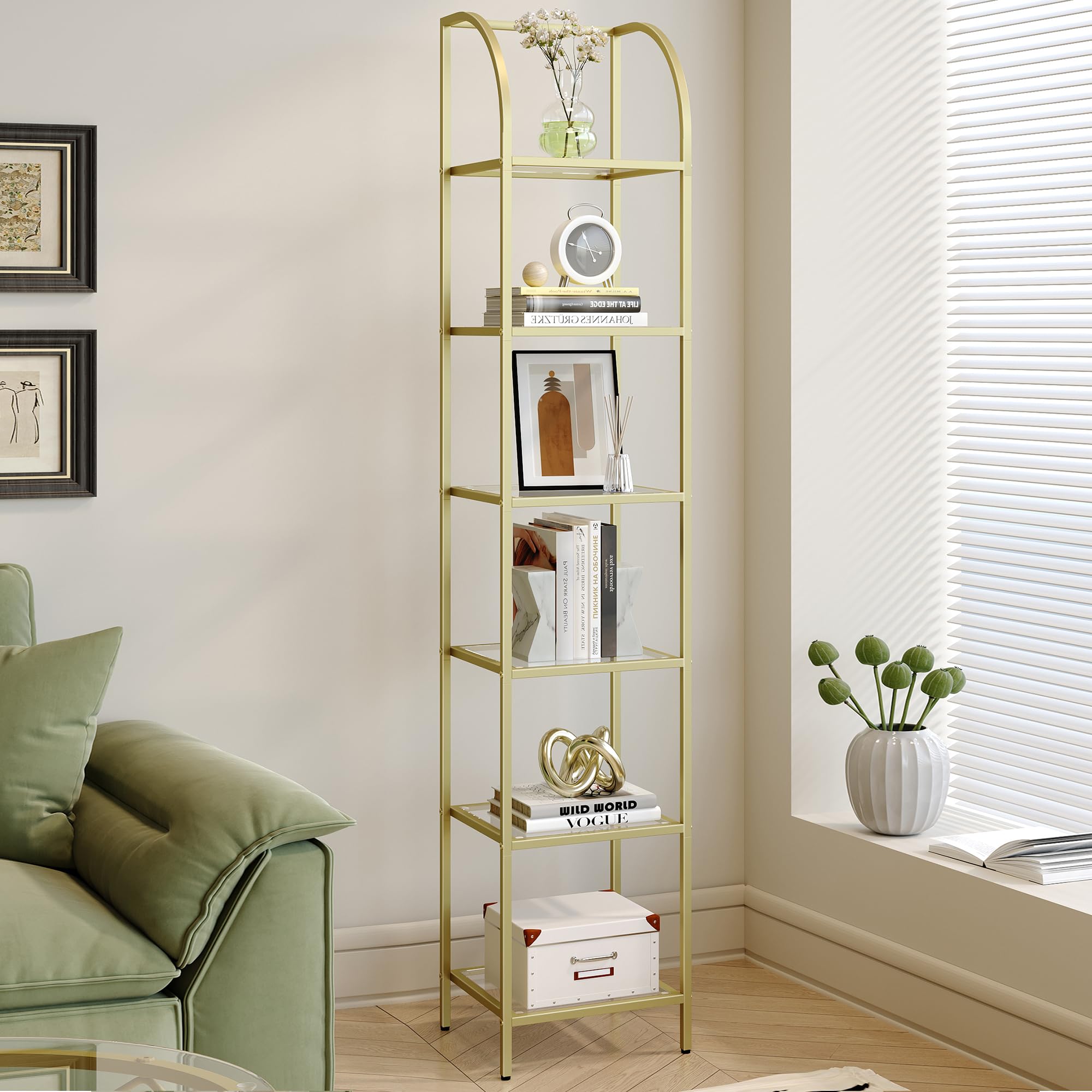 Hzuaneri Bookcase Bookshelf, Tempered Glass Arched Bookshelf for More Storage, Slim Shelving Unit for Bedroom, Bathroom, Home Office, Steel Frame, 6 Tier Gold BC20699G