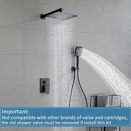 DIFEINI Shower Faucet Set Matte Black Shower System with 10 Inches Stainless Steel Rainfall Shower Head Pressure Balance Rough-in Valve Trim Kit Shower Fixture Combo Set,6012B