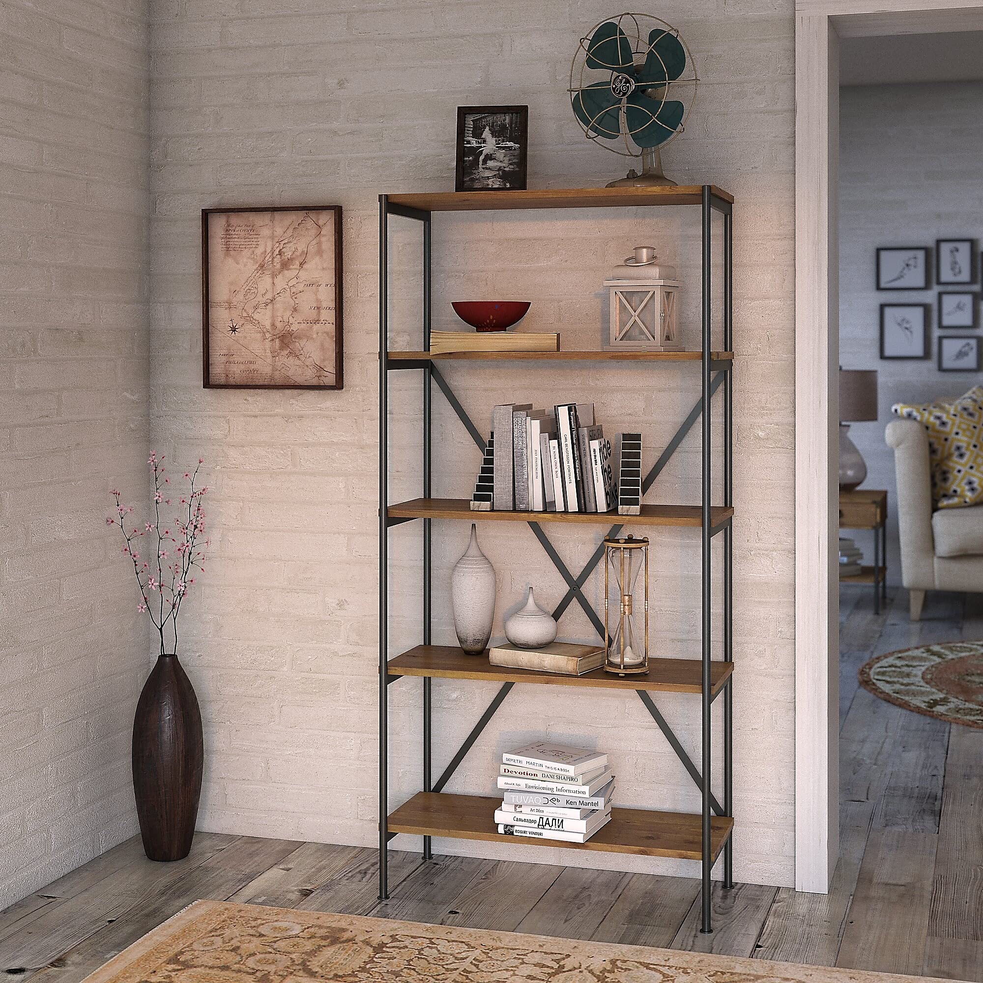 Bush Furniture Ironworks 5 Shelf Etagere Bookcase in Vintage Golden Pine