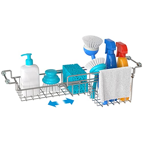 FixOwl Over The Kitchen Sink Caddy Kitchen Sink Organizer Sponge Holder 304 Stainless Steel Expandable Over Sink Rack 12.25" to 17.25"