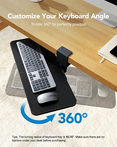 HUANUO Keyboard Tray Under Desk, 360 Rotating Keyboard Tray with Adjustable C Clamp, Ergonomic Keyboard Drawer Slide Out, No Drilling Computer Keyboard & Mouse Tray, 23.62" W x 9.84" D, Black