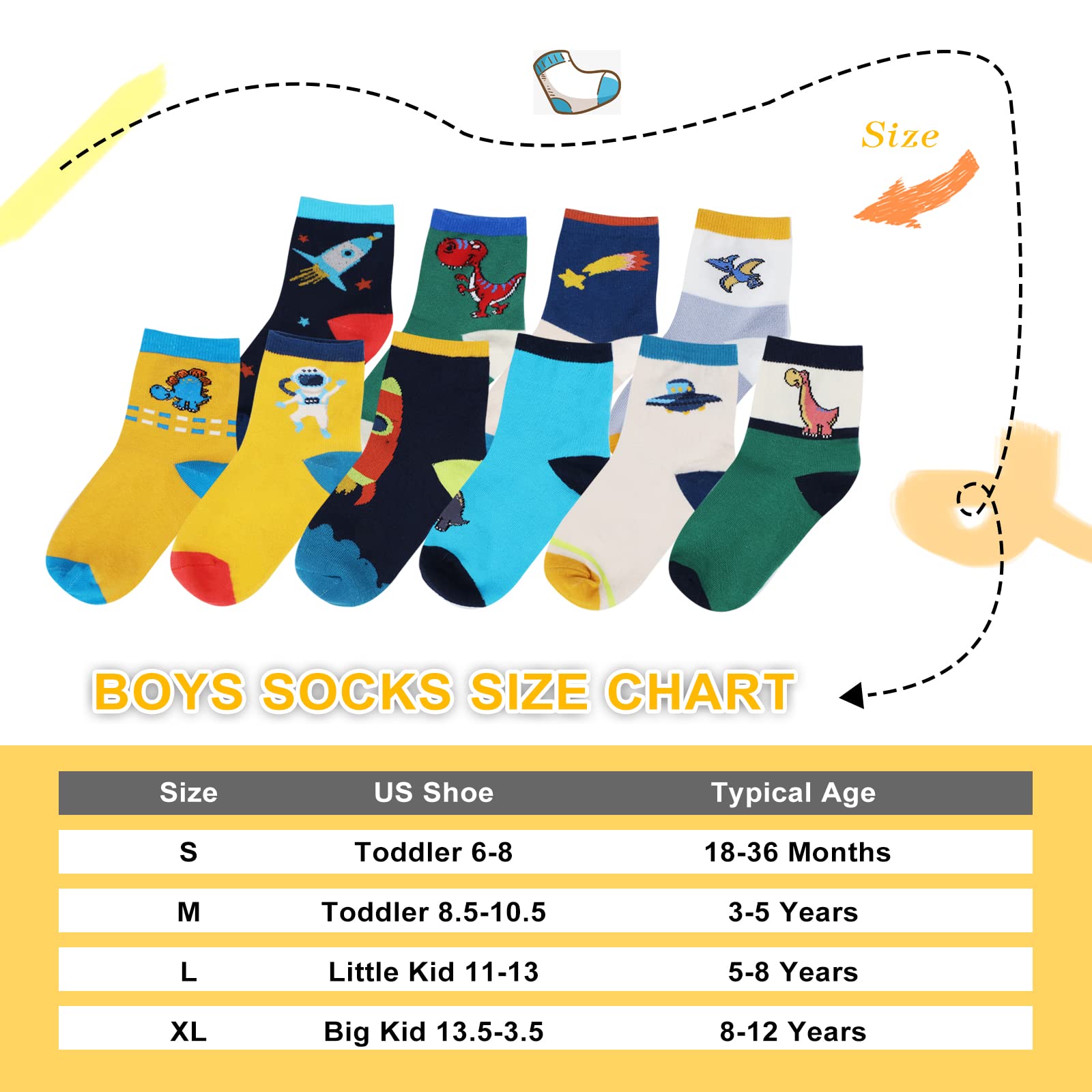 Mmkkhpy Toddler Little Kids Boys Fun Novelty Design Crew Cotton Socks 10 Pairs (5-8 Years, Dino Rocket)