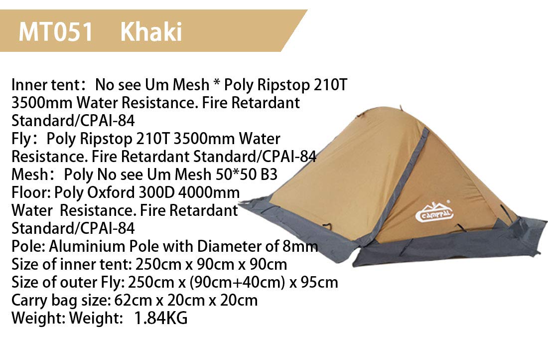camppal 1 Person Tent Backpacking Camping Hiking Mountain Hunting Tent Lightweight and Waterproof for 4 Season Extreme Space Saving Single Bracket (Khaki-with skirt)