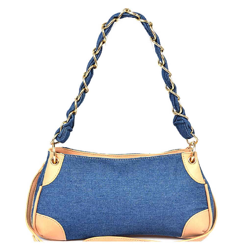 Womens Girls Vintage Retro Denim Jeans Medium Chain Shoulder Bag Purse Handbag (Dark Denim)
