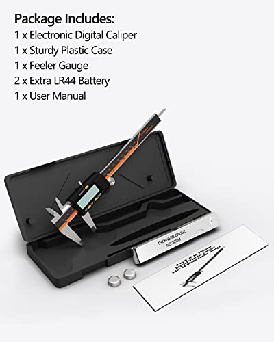 Digital Caliper, ROFMAPLE 6" Calipers Measuring Tool with 32 Blades Steel Feeler Gauge, Dual Marked Metric and Imperial, Inch Millimeter and Fraction Conversion, Large LCD Screen, Auto-Off Feature