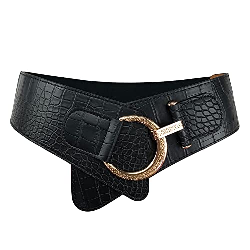 JOYMIN Women's Fashion Vintage 2.8" Wide Elastic Stretch Waist Belt With Interlock Buckle Crocodile Embossed Classic Leather Belt,Black