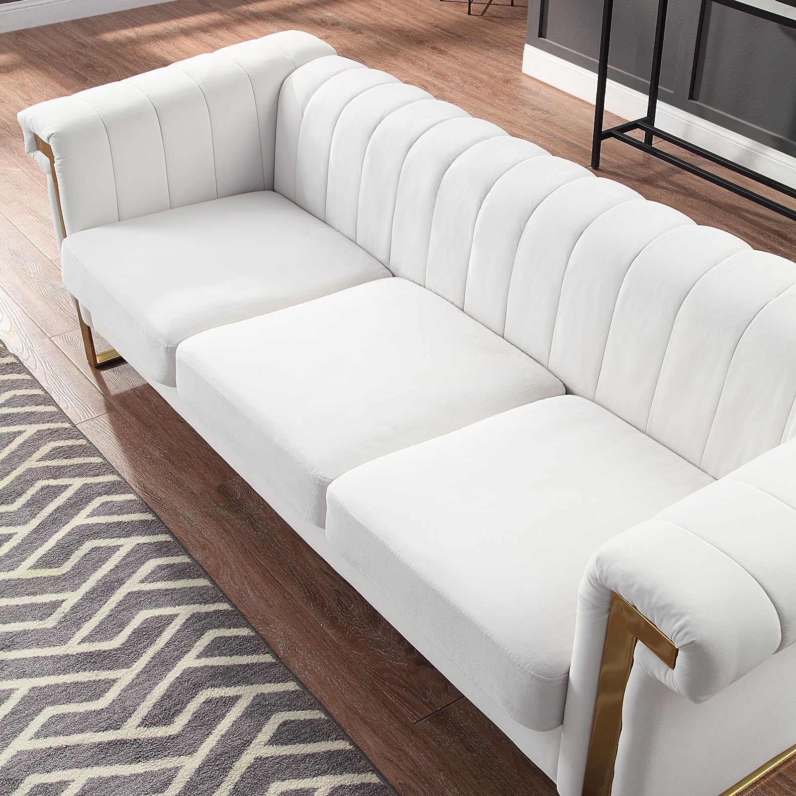 MULEJYBO 84" Velvet Sofa Couch, Chesterfield 3 Seater Couch with Rolled Armrest for Living Room, Mid-Century Modern Sofa with Brushed Metal Feet, Beige