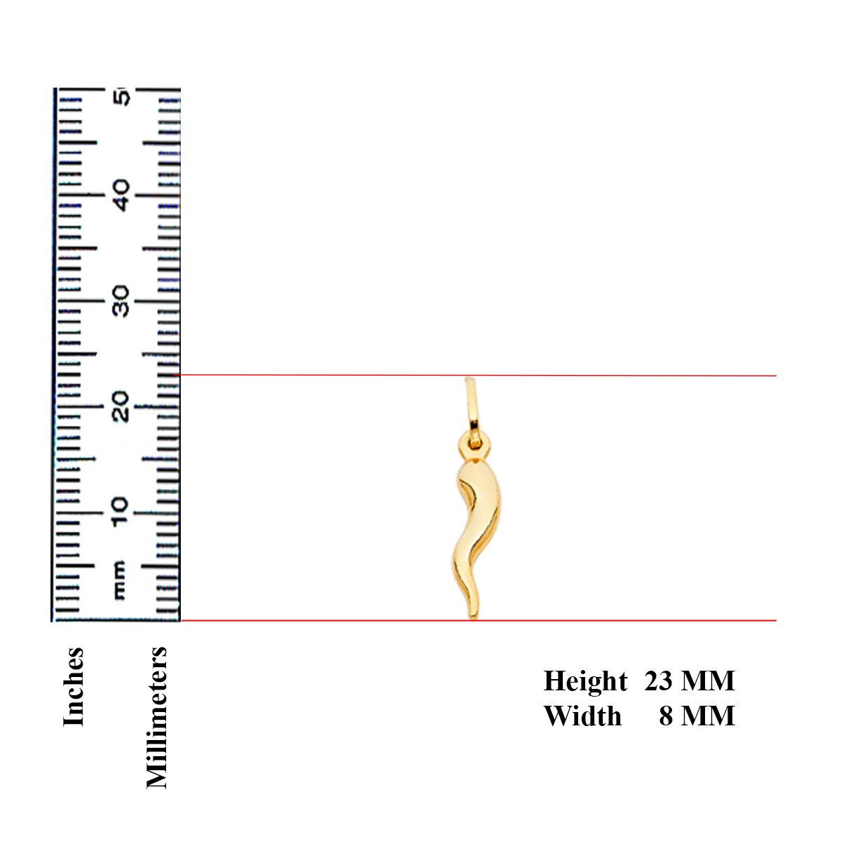 TGDJ 14k Yellow Gold Cornicello Italian Horn Charm Pendant - 4 Differnet Size Available (Height 23 MM Width 8 MM)