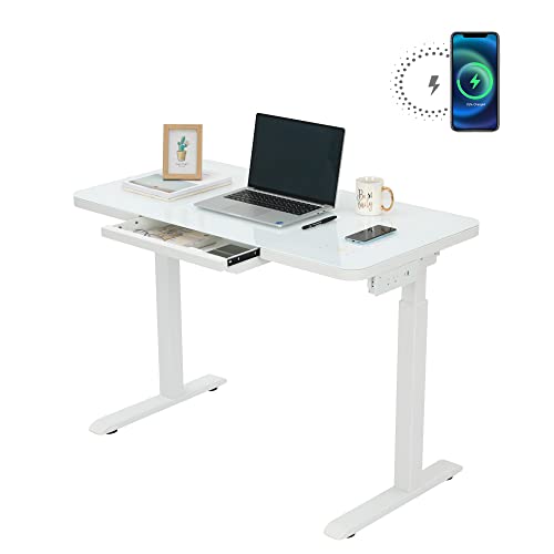 FARRAY Glass Standing Desk with Wireless Charging, 45 x 23 Inch Dual Motor Electric Height Adjustable Desk with Drawer, Touch Control Panel, Power Strip & USB Ports, White Sit Stand Desk