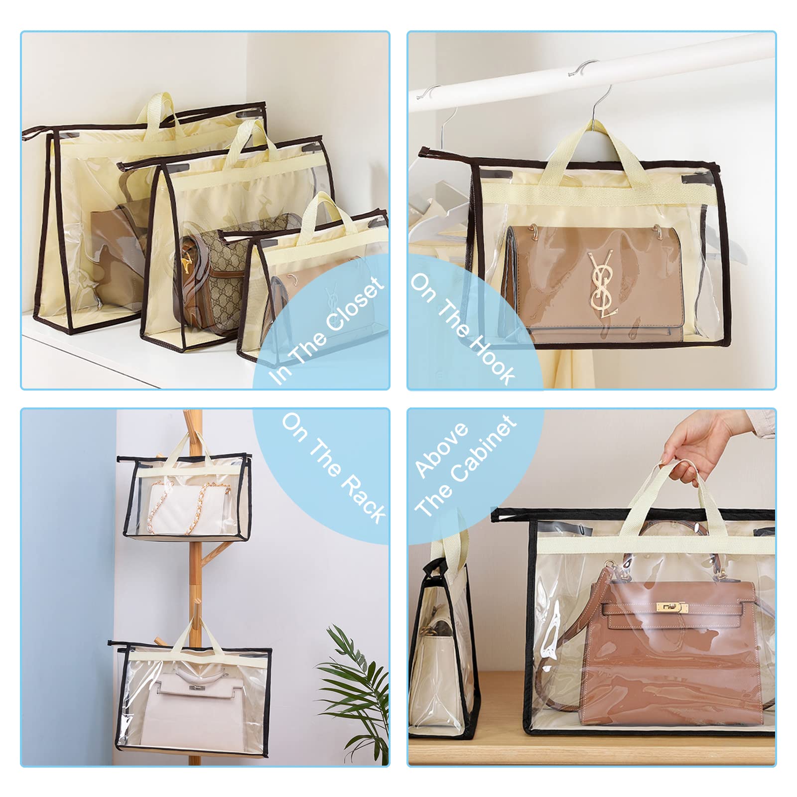 CINPIUK 4 Pack Handbag Dust Bags Clear Purse Storage Organizer for Closet, Zipper Hanging Storage Bag for Handbags
