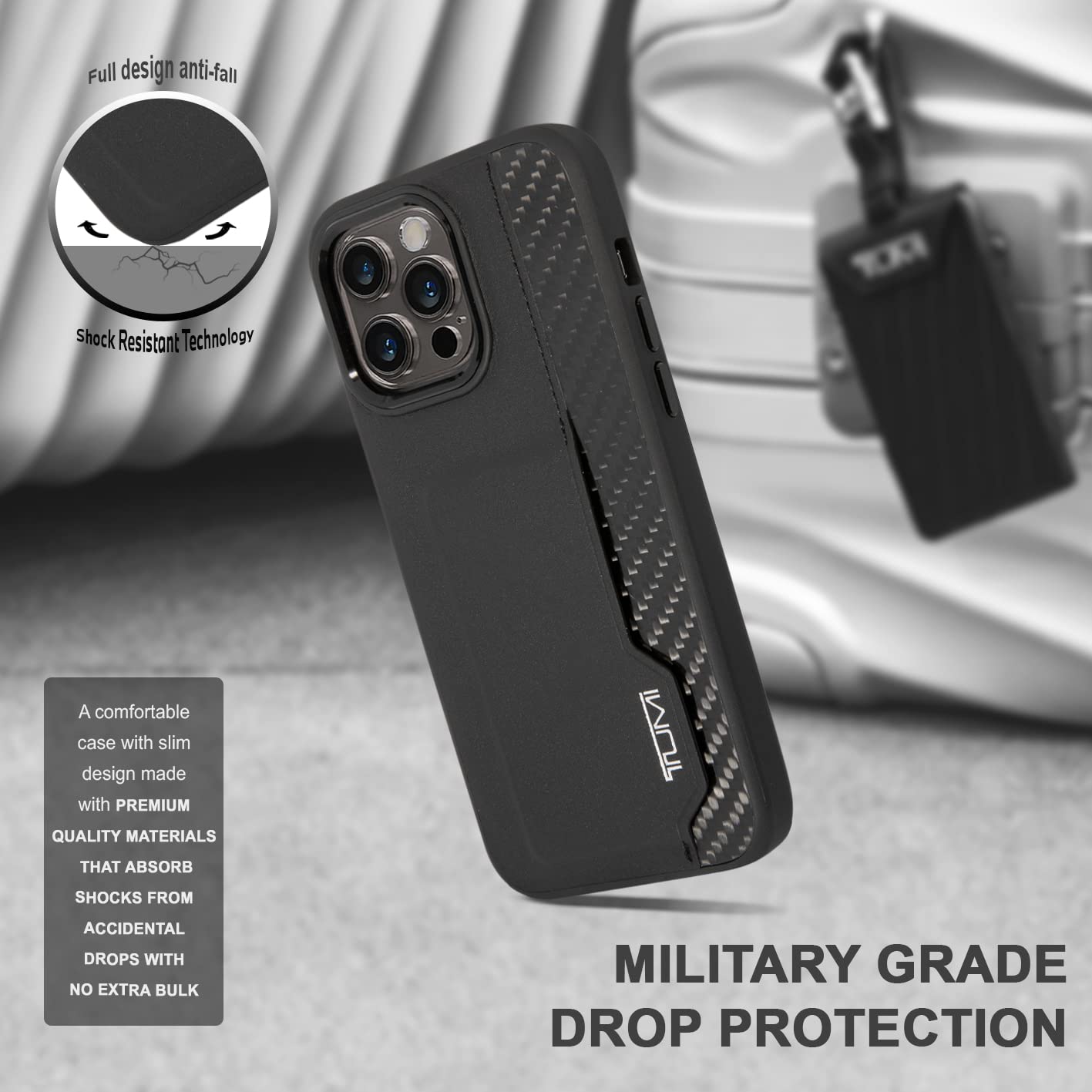 CG MOBILE TUMI Phone Case for iPhone 14 Pro in Black Aluminum with Vertical Card Slot, HC Leather Protective, Durable Case with Easy Snap-on & Shock Absorption