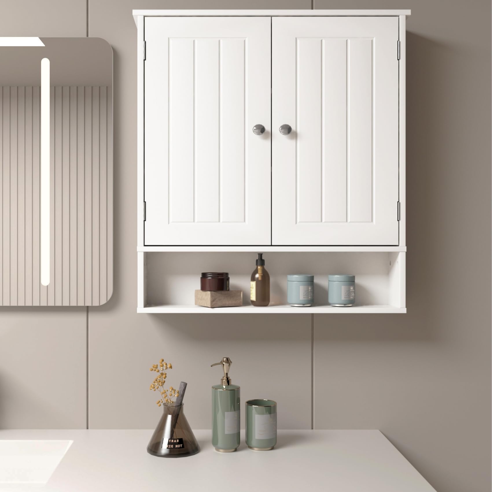IANUE Bathroom Cabinet - Over The Toilet Storage Cabinet White Medicine Cabinet, Bathroom Wall Cabinet with 2 Doors and Adjustable Shelves, Small Wall Mounted Cabinet for Bathroom, Kitchen, Laundry