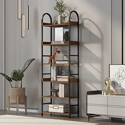 Merax 6 -Tier Tall Bookshelf Bookcase, Open Industrial Open Storage and Display Shelves with Hooks