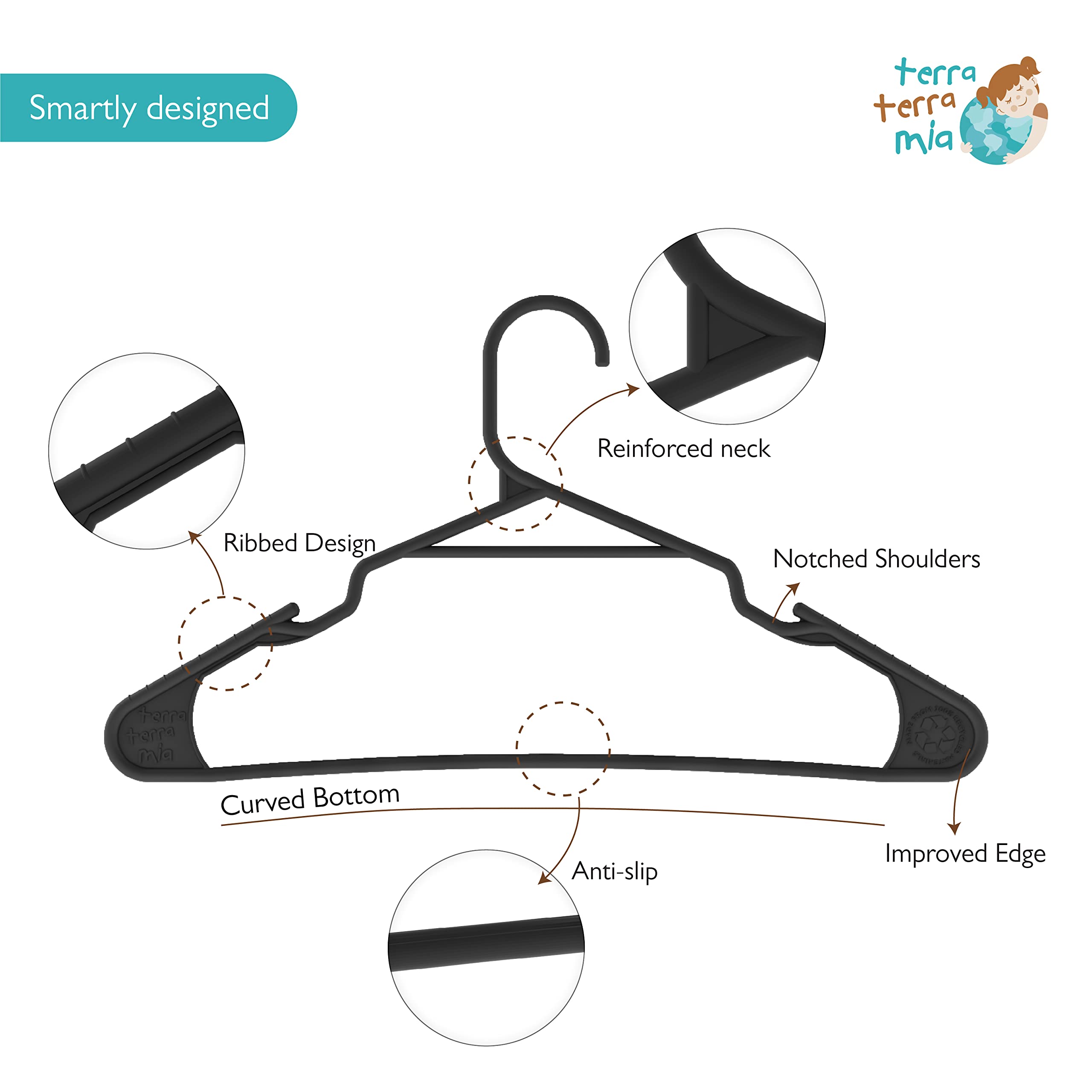 Eco-Friendly Slim Clothing Hangers for Light-Weight (Max 1lb) Clothes Made from 100% Recycled Post Consumer Plastic (Black/Grey, 20 Pack)