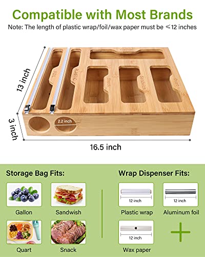 KOCWELL Bag Storage Organizer and Plastic Wrap Dispenser with Cutters, 2 Foil and Plastic Wrap Organizer, 4 Ziplock Bag Holder for Gallon, Quart, Sandwich Snack Variety Size Bags, Bamboo