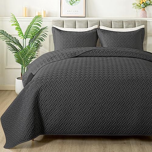 HYLEORY Quilt Set King Size - Soft Lightweight Quilts Summer Quilted Bedspreads - Reversible Coverlet Bedding Set for All Season 3 Piece (1 Quilt, 2 Pillow Shams) - Dark Grey