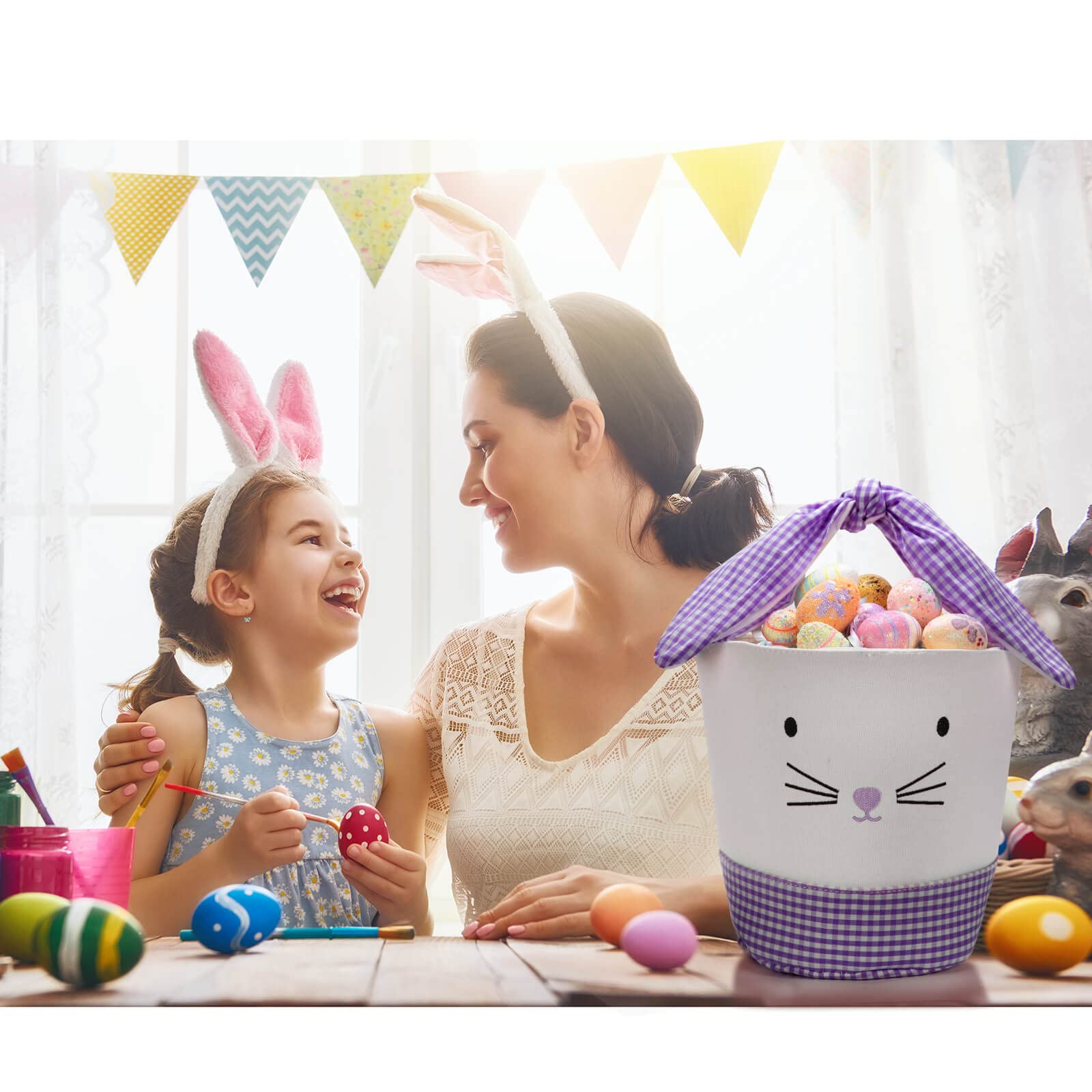 MY LIFFRI Easter Basket set for Kids, Large Canvas Bunny Bag with Carrot Card & Letters Stickers for Egg Hunt with Adjustable Rabbit Ear Handle for Baby Boy Girl Toddler, Purple