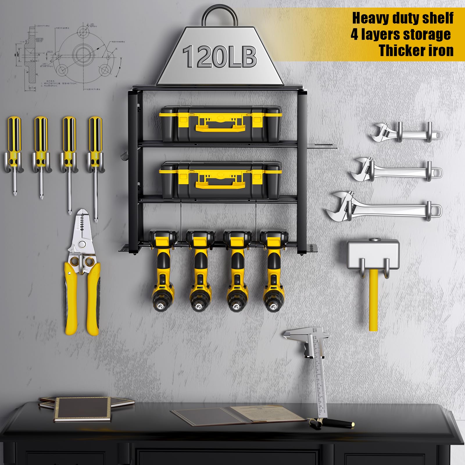 CIOYQOGOG Power Tool Organizer, 4-Layer Storage Rack with 2 Screw Holes, Heavy Duty Iron Construction, Easy Assembly, Holds Over 100 lbs, Ideal for Workshop, Garage, and Storage