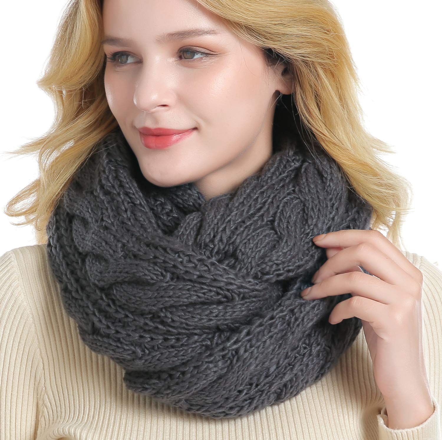 QUEENFUR Winter Women Thick Cable Knit Ribbed Infinity Circle Loop Scarf (16- Dark Grey Beanie and Scarf Set)