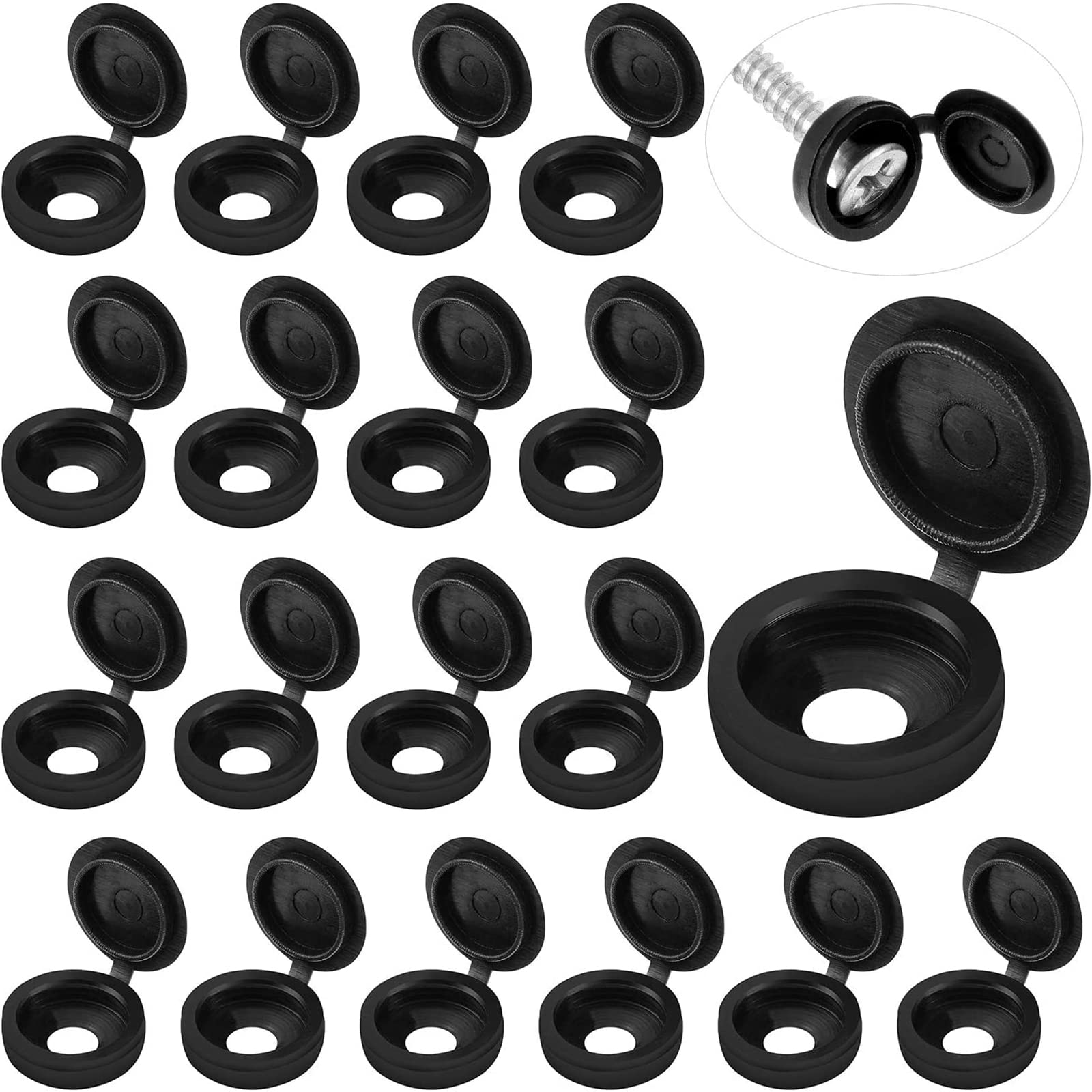 Hotop 100 Pieces Hinged Screw Cover Caps Plastic Shutter Screw Caps Fold Screw Snap Covers Washer Flip Tops (Black,Medium)