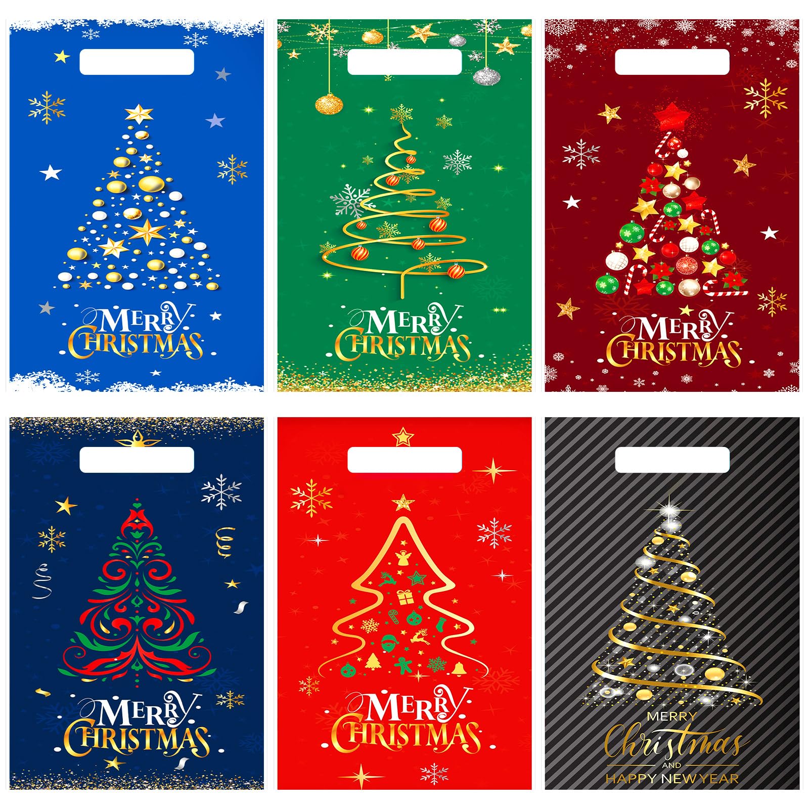 Hotop 150 Pcs Christmas Treat Bags Christmas Tree Goodies Bags Bulk Plastic Candy Treat Snacks Bags with Handles for Holiday Cookie Goody Gift Merry Christmas Party Favor Supplies, 6 Styles