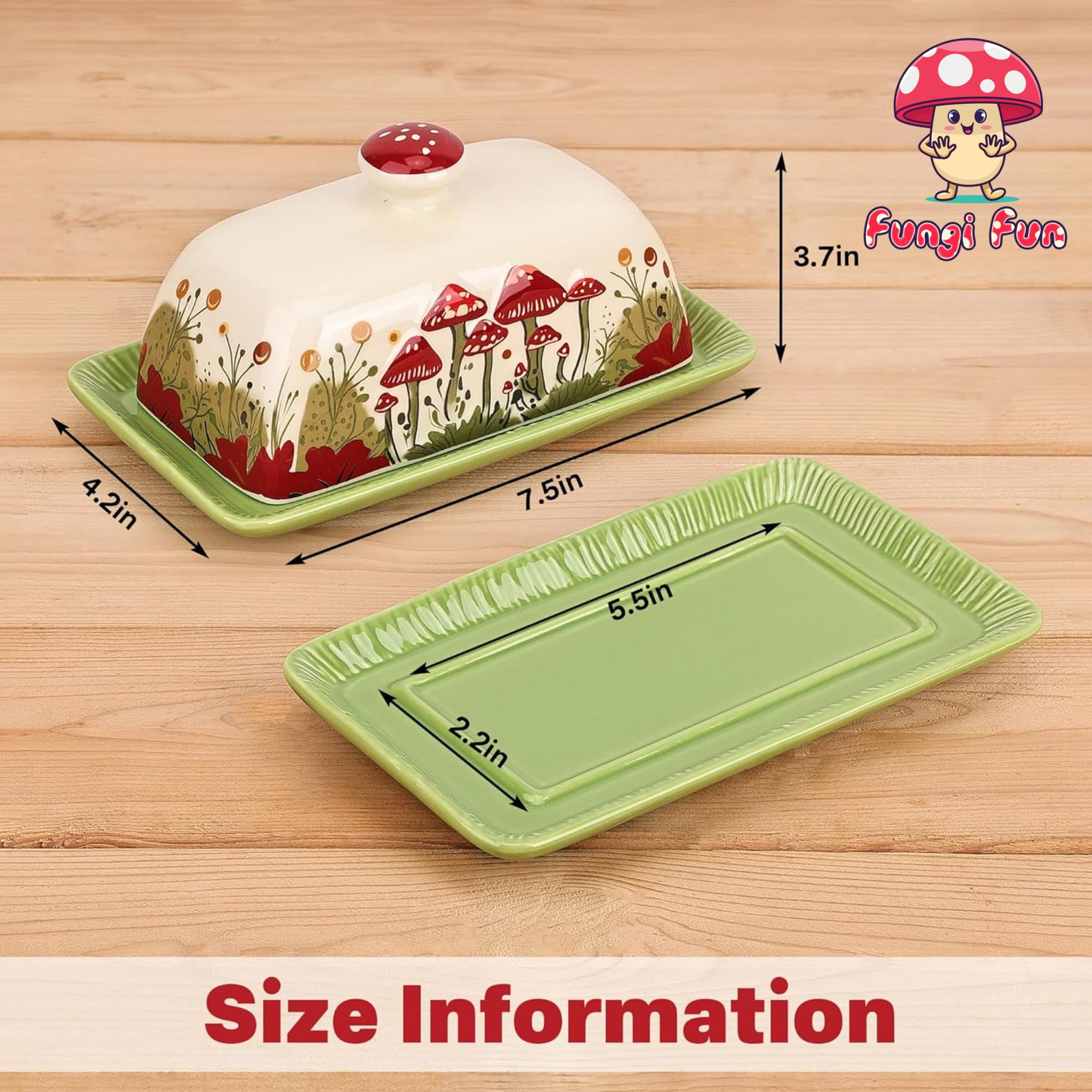 Fungi Fun Mushroom Butter Dish With Lid For Countertop Ceramic Butterdish, Red Mushroom Butter Container, Butter Tray Large Butter Dish Covered (White, Standard)