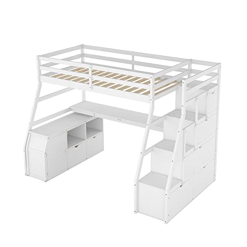 Merax Loft Bed Twin Size, Wooden Frame with Desk and Storage, Space-Saving Design with Convenient Multi-Drawers & Cabinet, for Teens Adults (White)