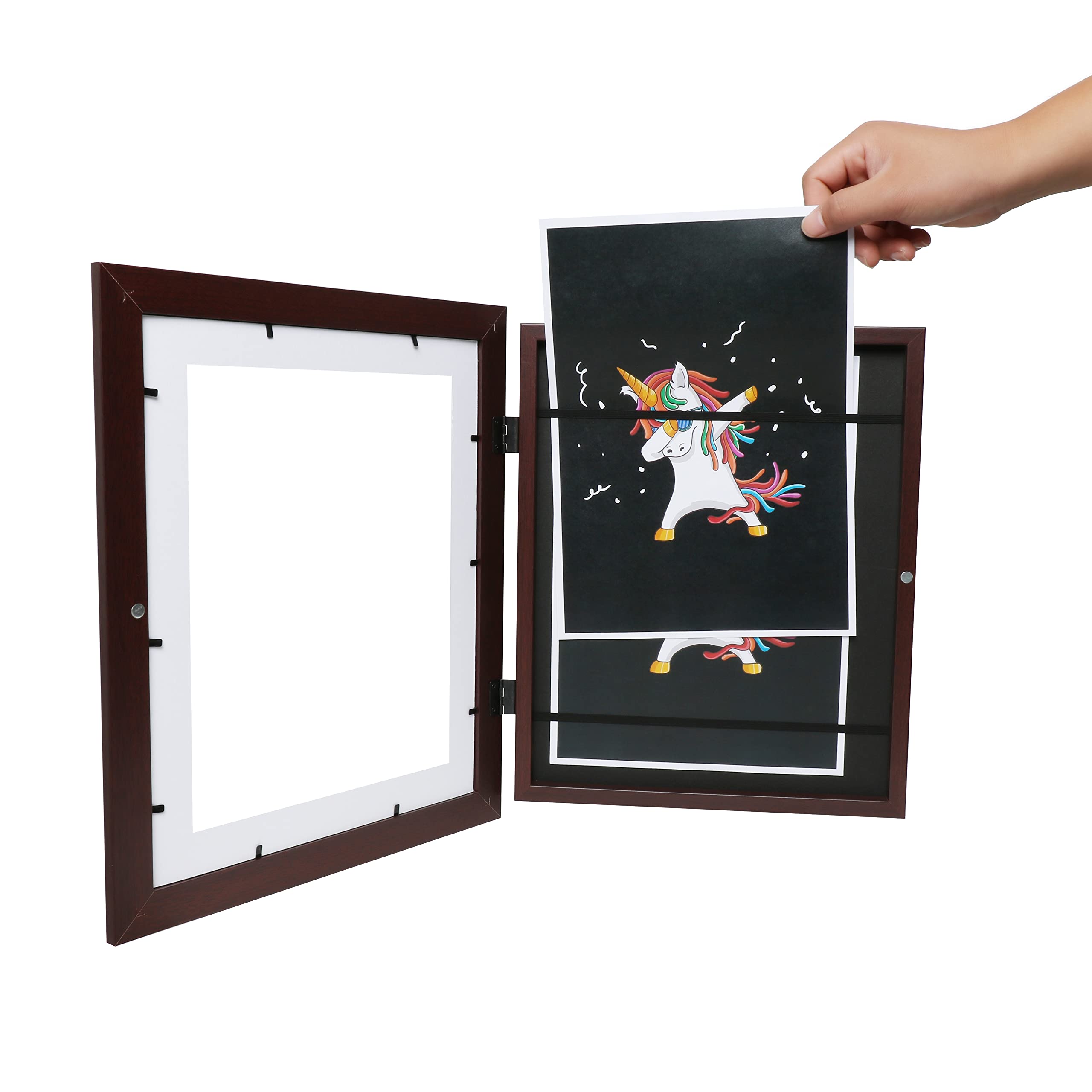 FrameWorks 10β x 12.5β Mahogany Wooden Kid Art Frame with Gallery Style Edges, Tempered Glass, and Elastic Straps