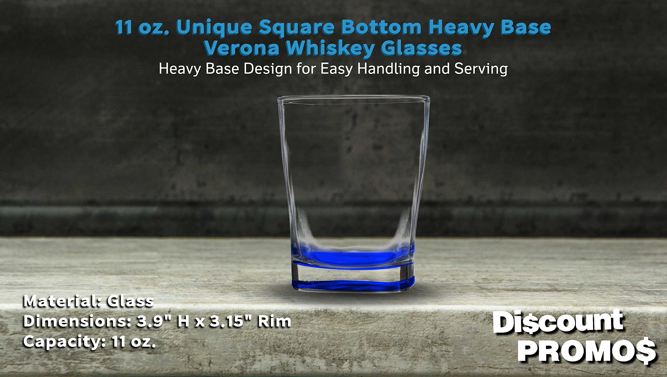DISCOUNT PROMOS 10 Verona Whiskey Glasses Set, 11 oz. - Durable, Thick Base, Color Bottom, Barware - Blue