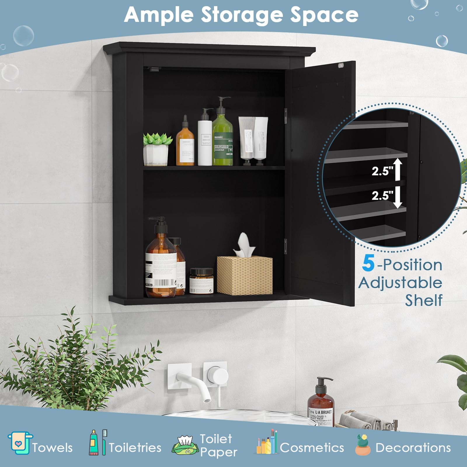 HOMGX Bathroom Mirror Cabinet, Wall Mounted Cabinet with Mirror Door, Adjustable Shef, Round Knob, Space Saving Wood Medicine Cabinet for Kitchen (Black)