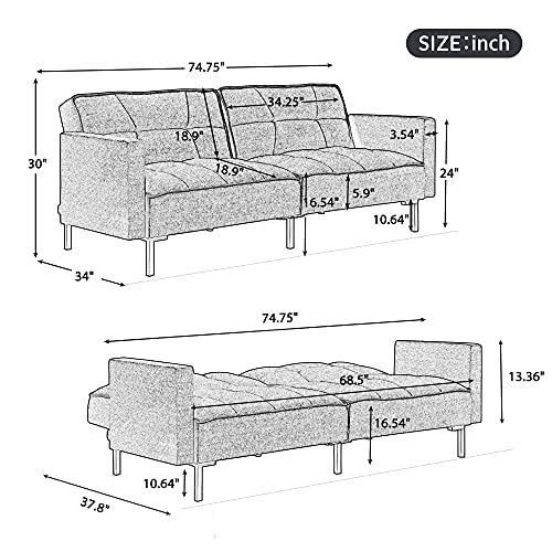 Merax Linen Upholstered Modern Convertible Folding Futon Sofa Bed with 2 Pillows and Metal Frame, for Compact Living Space, Apartment, Dorm, Dark Gray