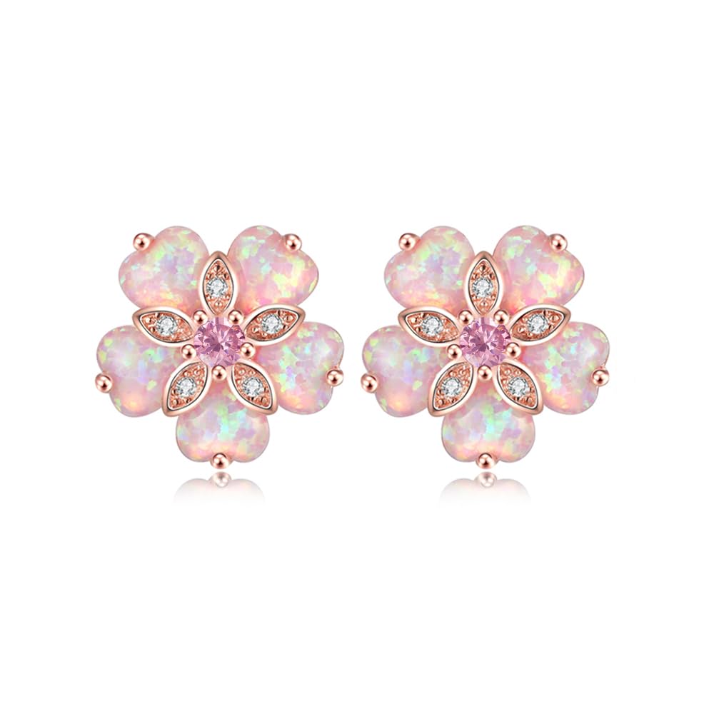CiNily 14K Rose Gold Plated Flower Stud Earrings Womens Pink Opal Earrings Hypoallergenic Big Gemstone Stud Earrings 15mm