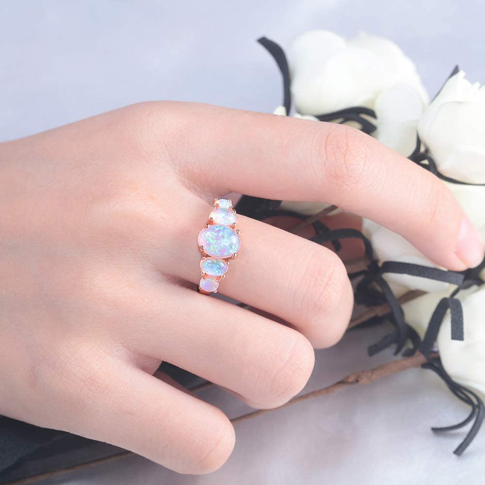 CiNily 14K Rose Gold Plated Pink Fire Opal Ring for Women October Birthstone Engagement Wedding Ring Size 8