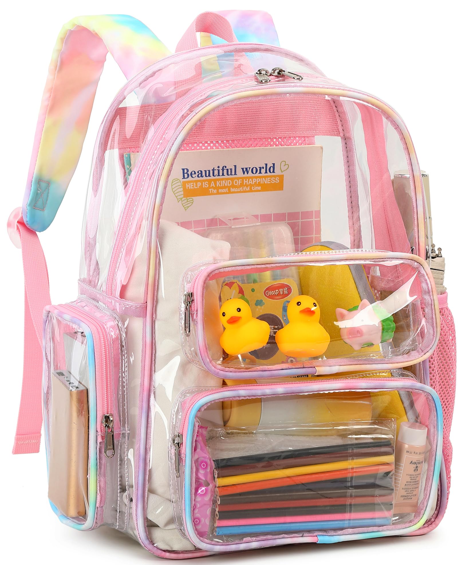 CAMTOP Clear Backpack Heavy Duty PVC Transparent Bag See Through BookBag for Student School Work Festival Sport Travel(Pink Yellow)