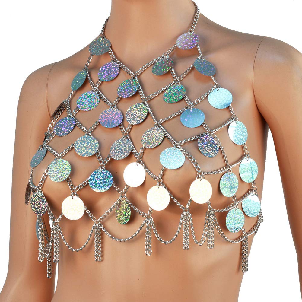 CHRAN Silver Body Chain Harness Sexy Bikini Chain Jewelry Mesh Chain Tassles Carnival Bra Top for Women Chest Chains Sequin Bra