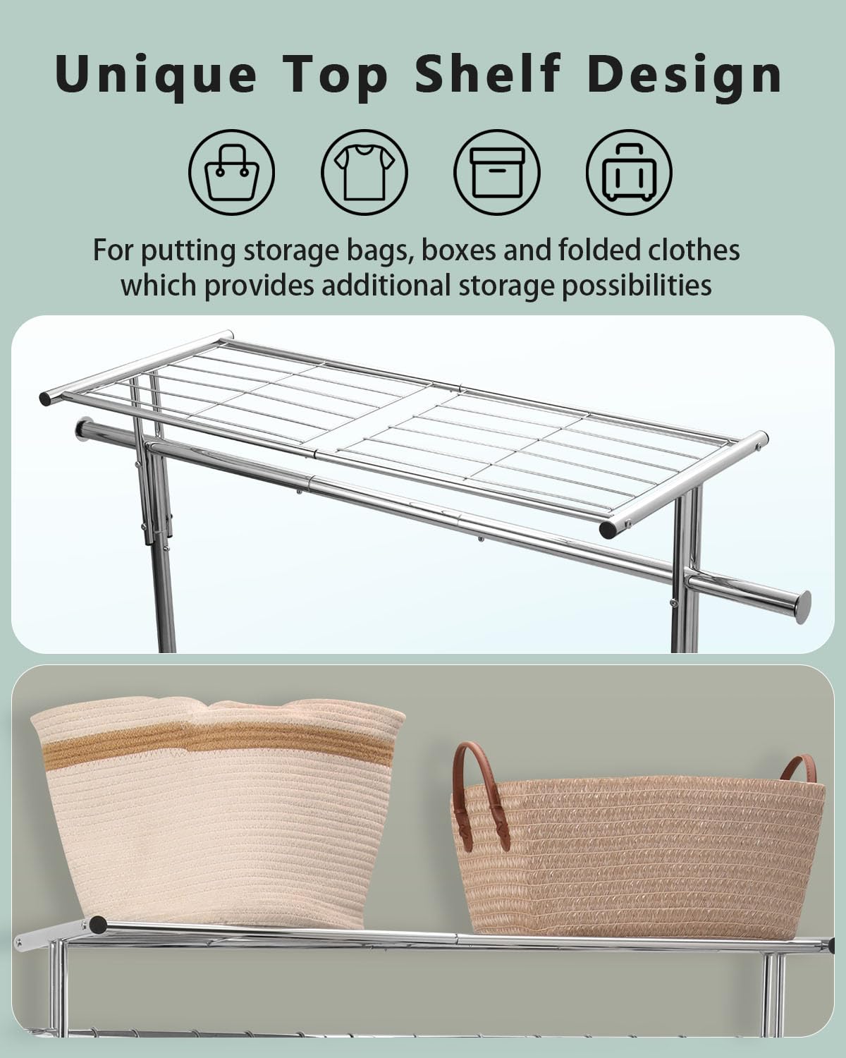 HOUSE AGAIN Clothes Rack on Wheels with Extra Top Storage Shelf, LARGE Rolling Garment Rack for Hanging Clothes, Heavy-duty Metal Clothing Rack Organizer for Bedroom, Living Room -Silver
