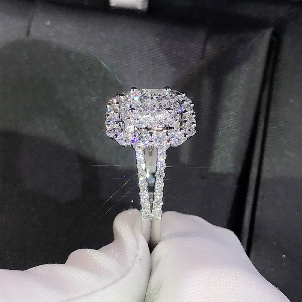 CIUFEWEK S925 Sterling Silver Shiny Full Diamond Engagement Ring Women Exquisite Princess Cut Cubic Zirconia Ring Eternal Diamond Wedding Ring Fashion Jewelry Women US Code 7
