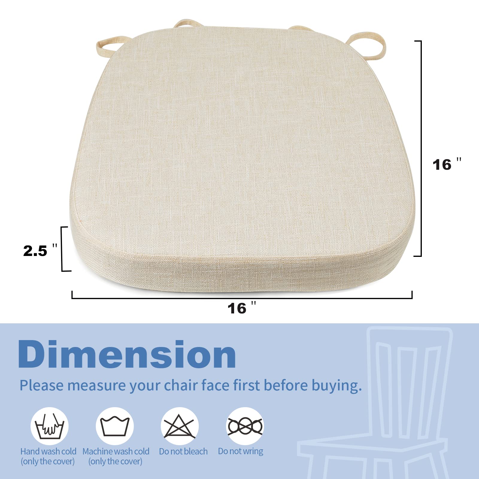 BUYUE Original Linen Thickened 2.5" Dining Chair Cushions Set of 4, U-Shape High Density Foam Comfortable Chair Pads for Kitchen, Slip Resistant Indoor Seat Cushions (4 PCS, Beige)