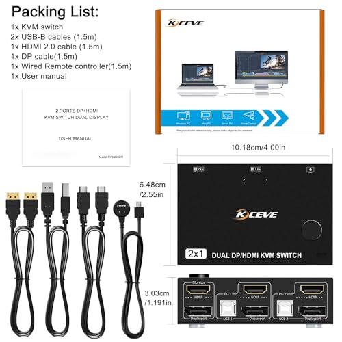 Dual Monitor KVM Switch HDMI+Displayport 4K@60Hz,2K@120Hz MLEEDA HDMI DP Extended Display Switcher for 2 Computers Share 2 Monitors and 4 USB 2.0 Ports,Wired Remote and 4 Cables Included