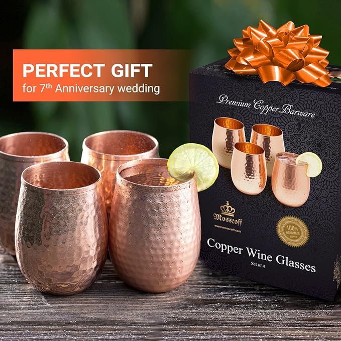 Copper wine glasses set of 4 β 17oz gleaming 100% solid hammered copper stemless wine cups β Valent for men and women β great copper tumblers for red or white wine and Moscow mules.