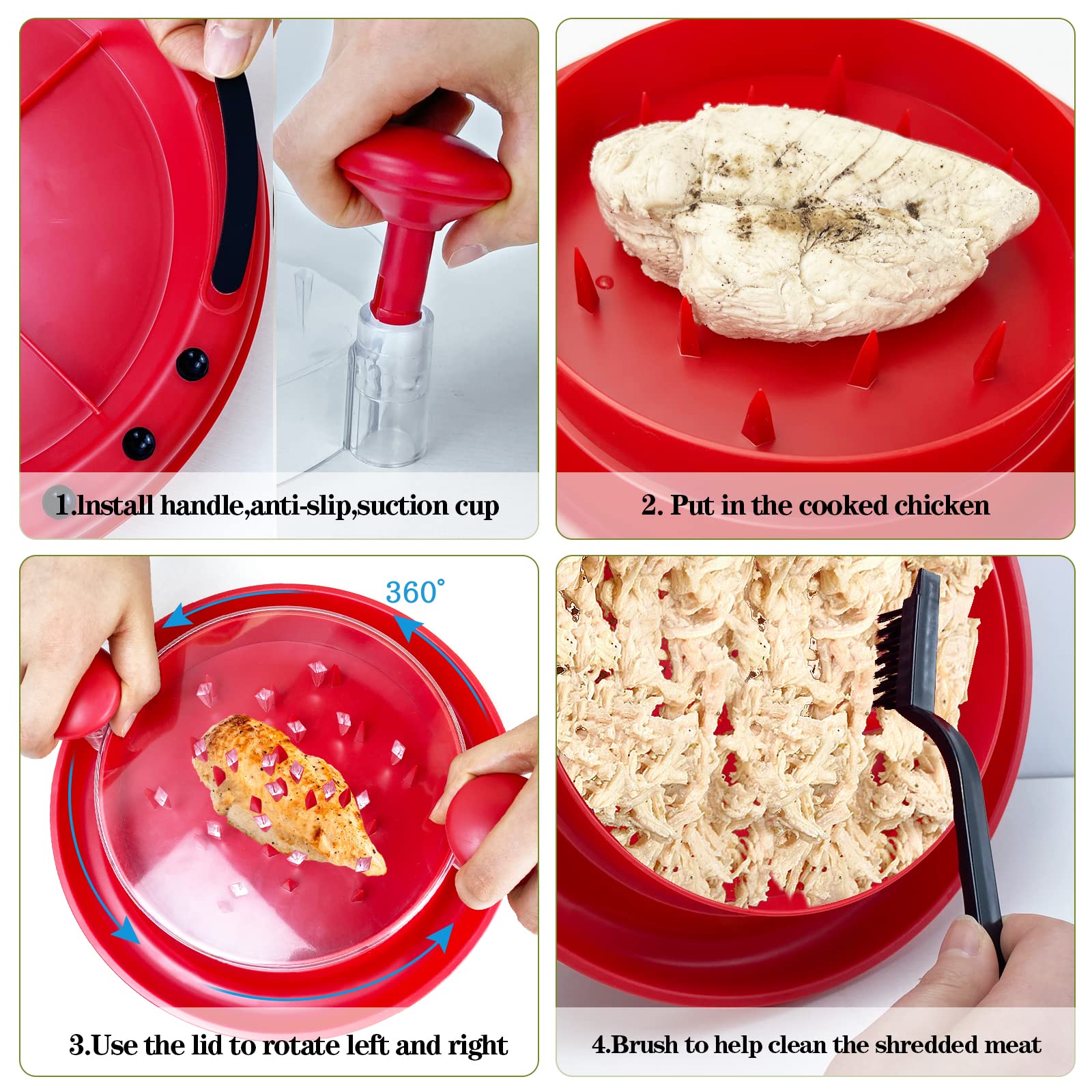 Chicken Shredder, 9.8" Visible Meat Shredder with Anti-slip Suction Cup and Brushes Heat Resistant Safe Chicken Shredder Tool Twist Chicken Shred Machine for Cooked Beef Chicken Vegetable Salad (Red)