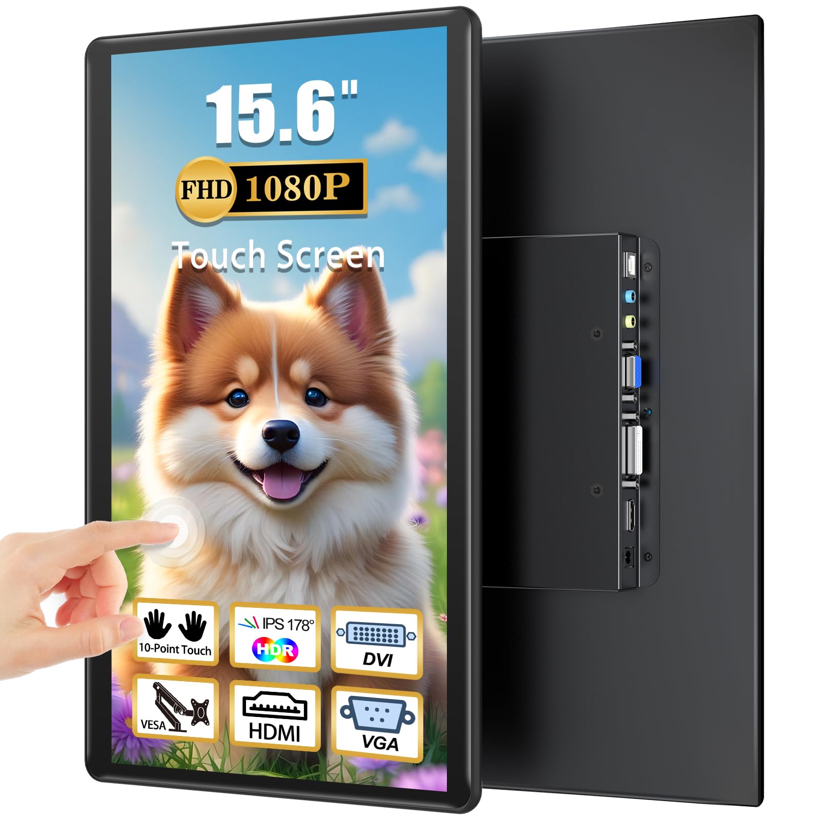 COOLHOOD Touchscreen Monitor 15.6 Inch FHD1920×1080P IPS HDR 60Hz Touch Screen Monitor HDMI VGA DVI Touch Monitor with 10-Point Multi-Touch VESA Monitor with Speakers Touchscreen for Laptop Mini PC